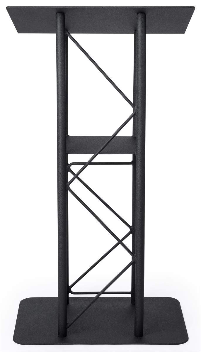Displays2go Black Aluminum and Steel Truss Lectern with Curved Design and Built-in Shelf, 47-Inch Tall, Textured Finish (LCTTACBK)