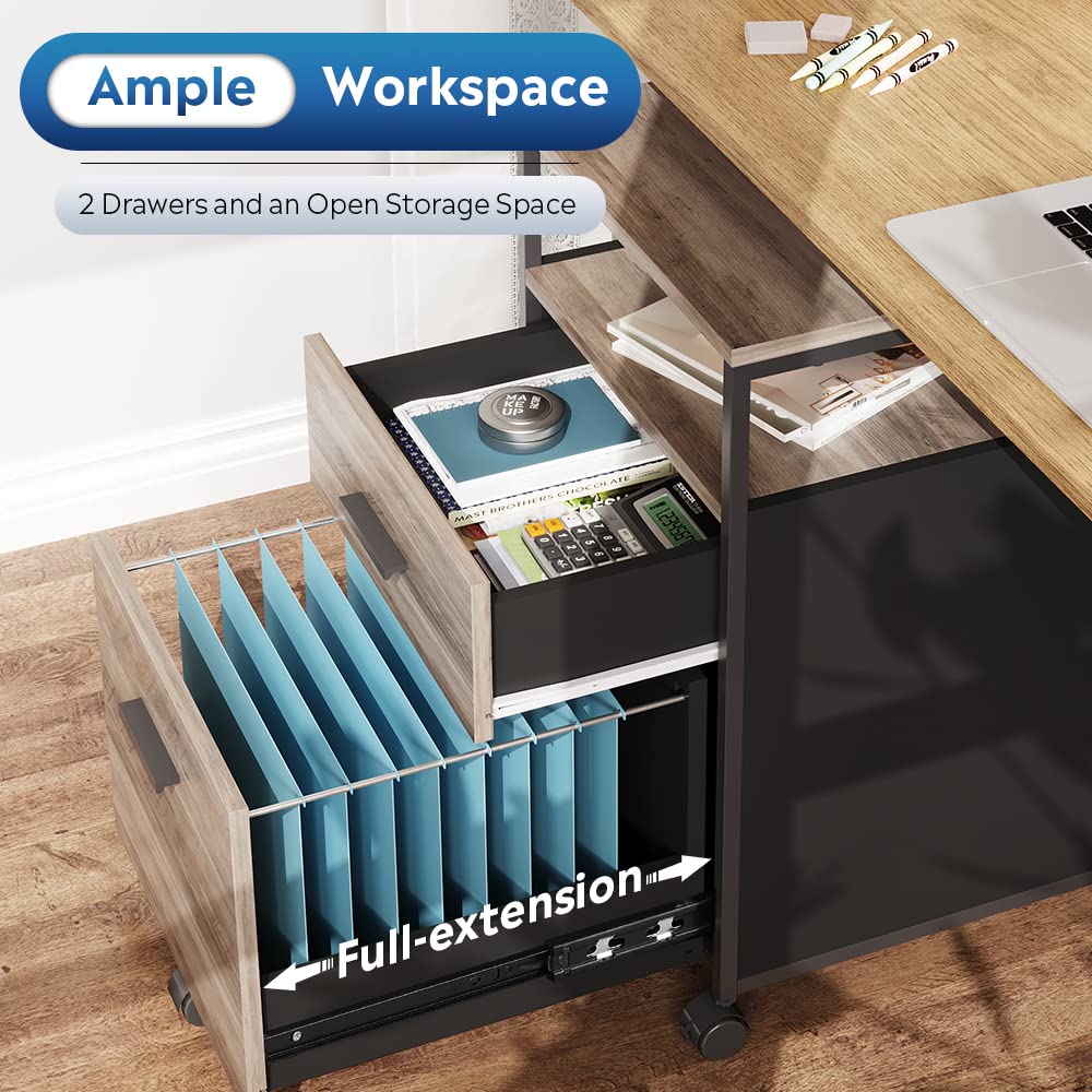 DEVAISE 2 Drawer File Cabinet, Mobile Printer Stand with Open Storage Shelf, Wood Filing Cabinet fits A4 or Letter Size for Home Office, Greige