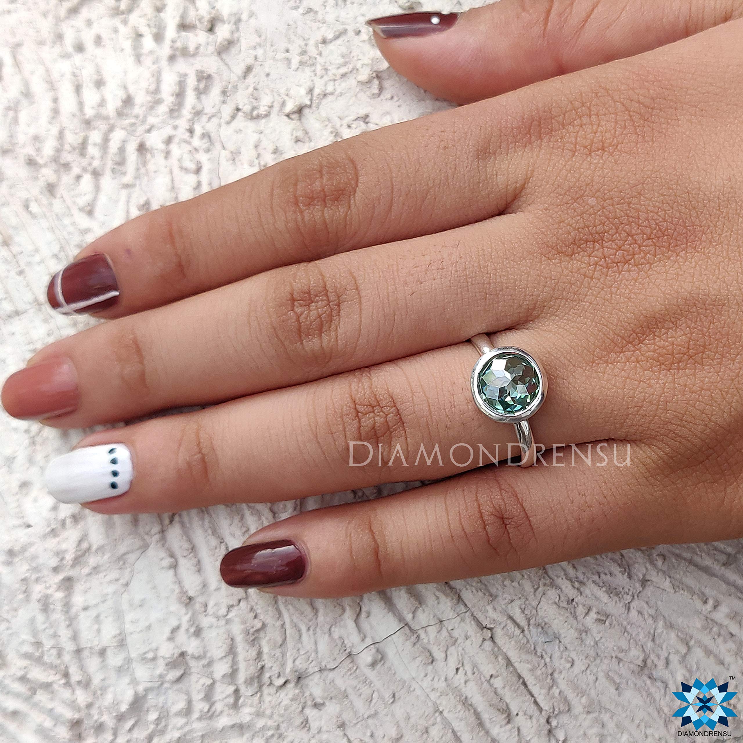 Diamondrensu Bezel Set Solitaire Ring, 2.01 CT Round Rose Cut Cyan Blue Moissanite Engagement Ring, 925 Silver, Wedding Ring, Bridal, Ring size 10 US