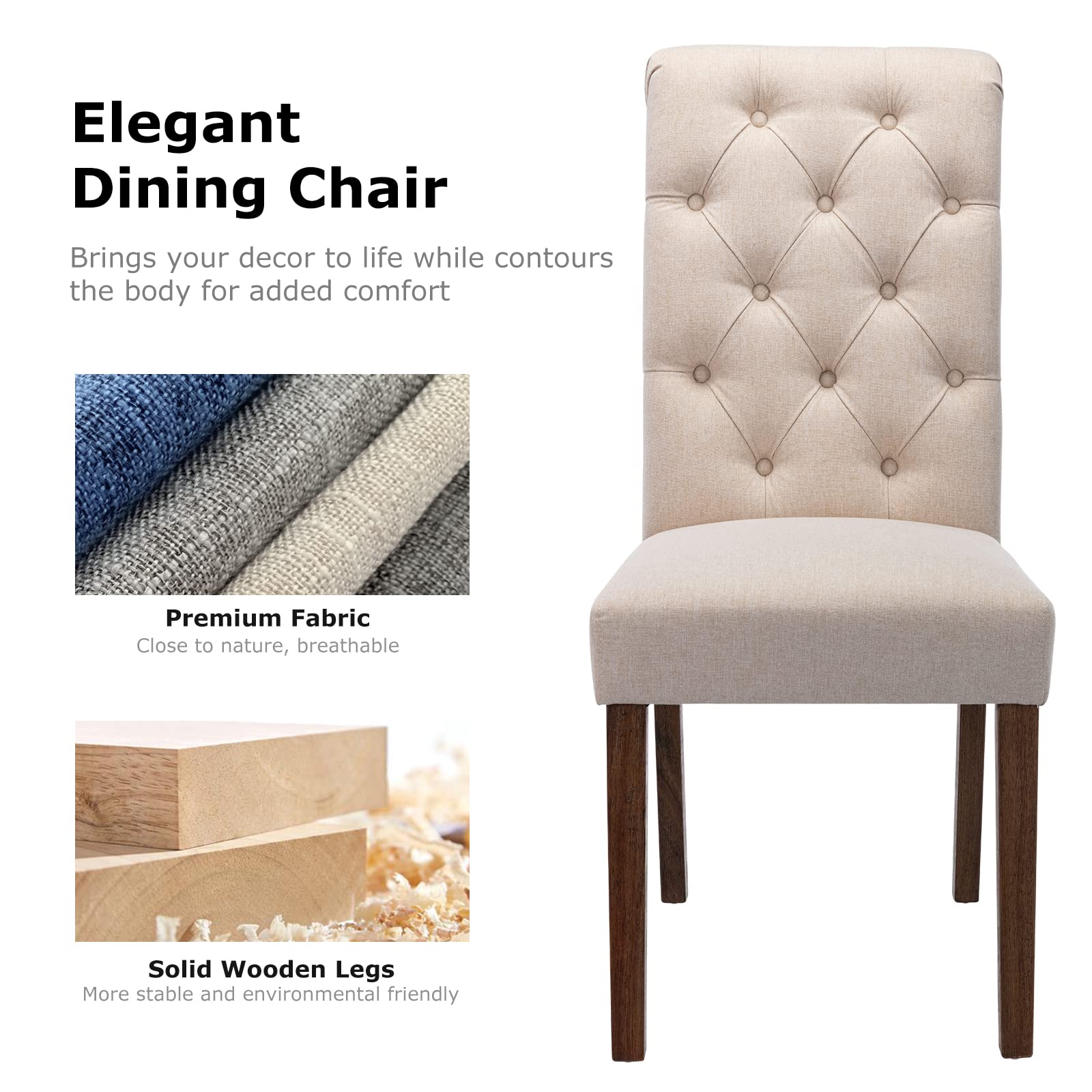 COLAMY Tufted Dining Room Chairs Set of 4, Parsons Diner Chairs Upholstered Fabric Side Kitchen Chairs with Solid Wood Legs and Padded Seat - Beige