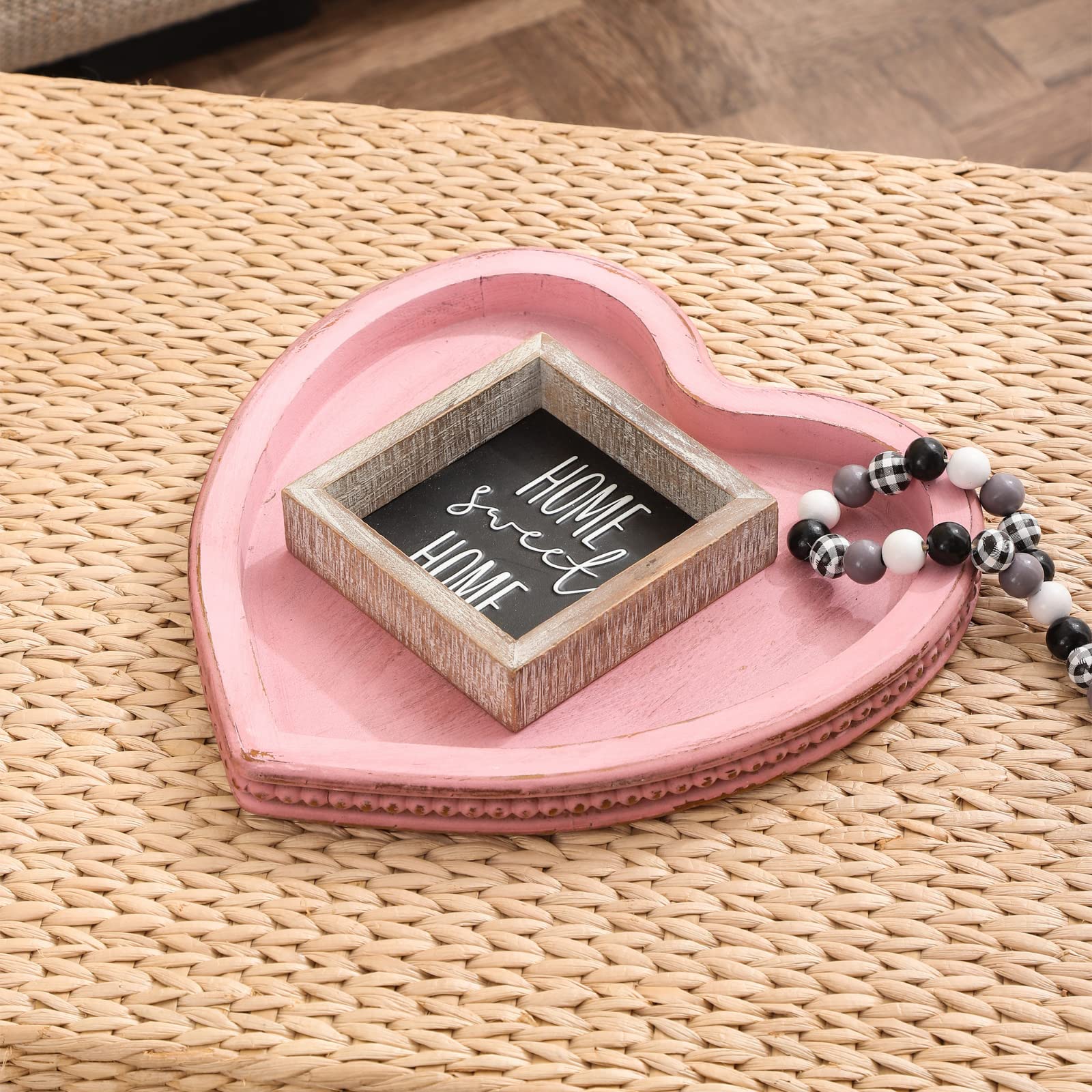 FESTWIND Heart Shaped Decorative Tray, Wooden Tray for Decor Coffee Table Dinning Table, Kitchen Island Decor Centerpiece, Farmhouse Tray Beaded Distressed Pink