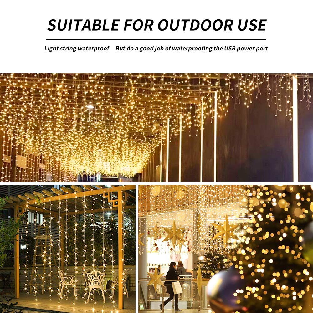 Curtain String Lights, Battery/USB Powered 200 LED Twinkle Light with Remote, Auto On/Off Setting & 8 Modes Fairy Lights for Indoor/Outdoor Bedroom Party Decor (Warm White 9.8 x 6.6Ft)