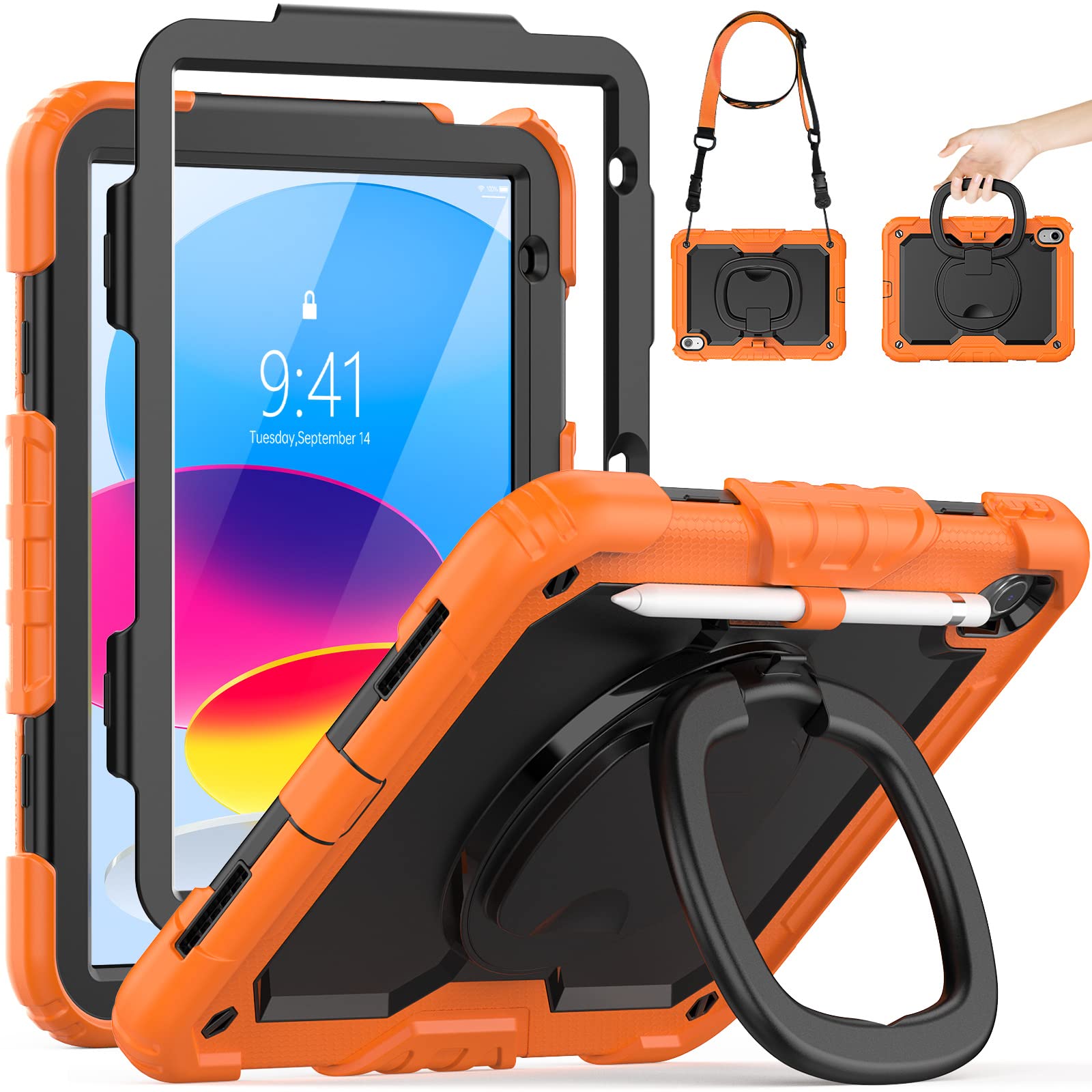 HXCASEAC Case for iPad 10th Generation with 360 Degree Rotating Handle Grip/Screen Protector/Pencil Holder - Orange