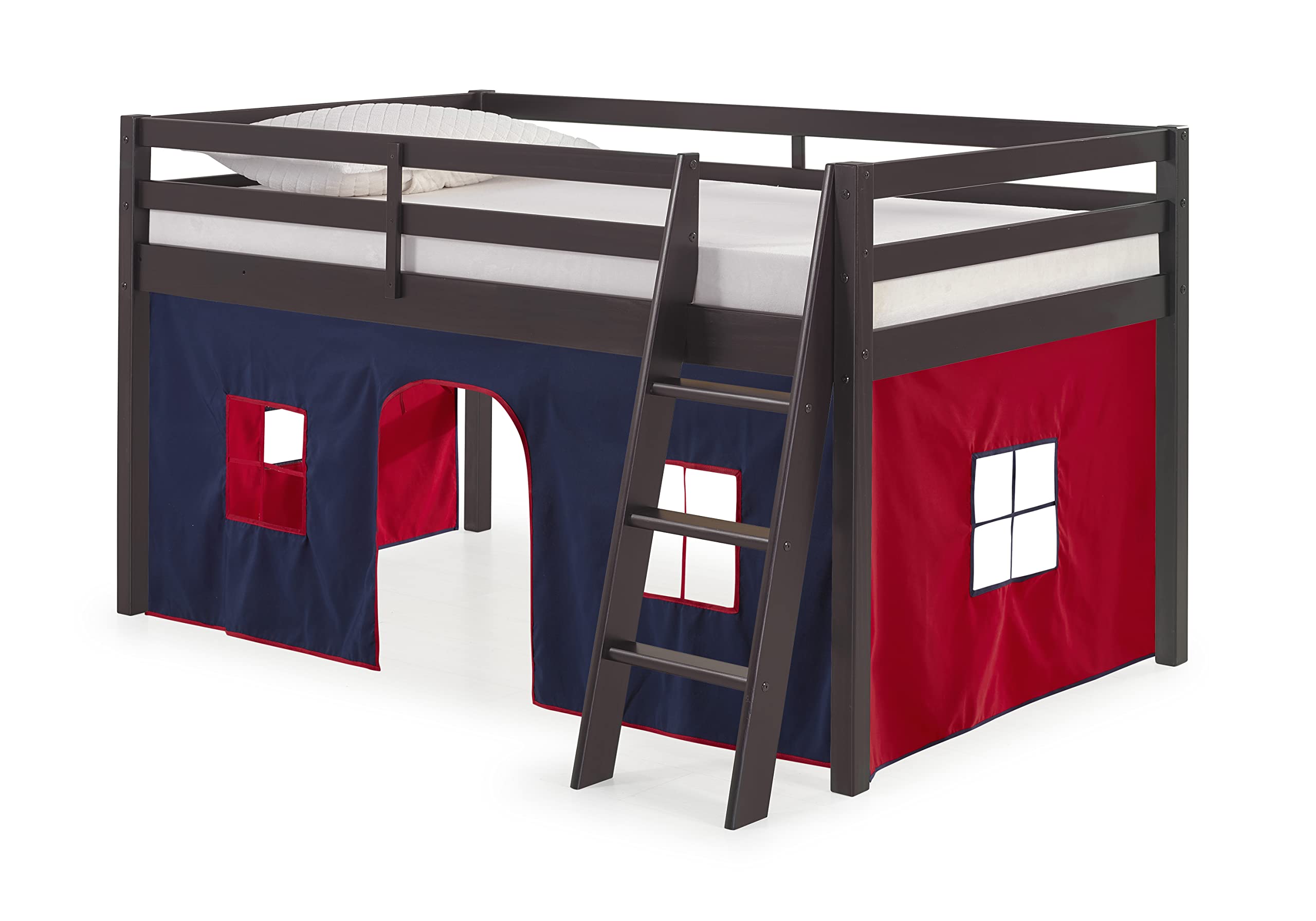 Roxy Pine Twin Junior Loft Bed, Espresso with Blue & Red Tent, Solid Wood Frame, Safety Guardrails, Flexible Ladder Position, Ventilated Playhouse Underneath, Fits Twin Mattress