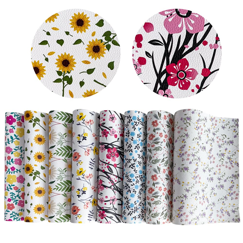 HYANG 8 PCS A4 Small Floral PU Faux Leather Sheets 8"x 11.81" (21 cm X 30 cm), Faux Leather Fabric Very Suitable for Leather Earrings, Bows, Handbag, Sewing, Crafts Making