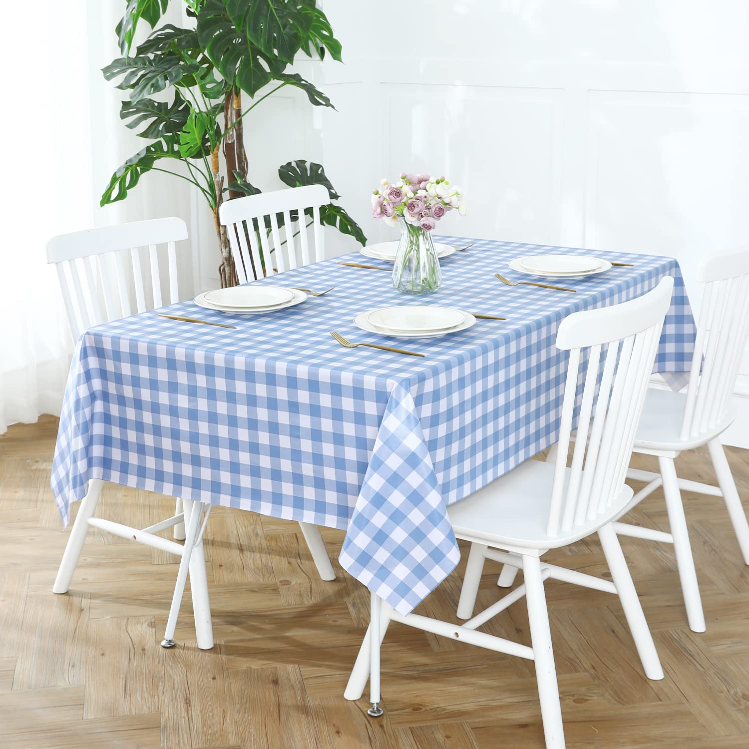 Romanstile Rectangle Vinyl PVC Tablecloth, 100% Waterproof Buffalo Plaid Plastic Table Cloth, Oil Proof Heavy Duty Wipeable Table Covers for Dining/Camping/Picnic/Outdoor - 54 x 78, Light Blue