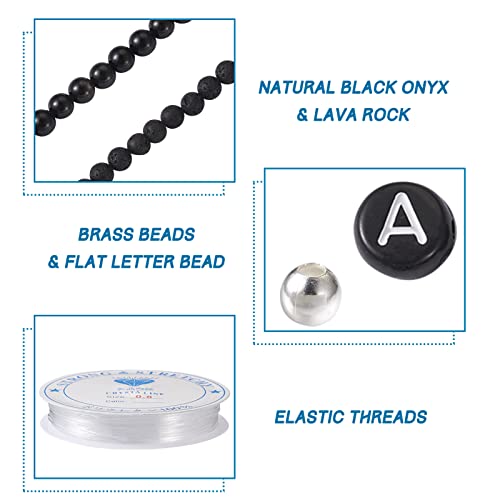 Pandahall 360-380Pcs Natural Black Onyx Lava Rock Gemstone Beads 8mm Healing Crystal Round Stones with A-Z Letter Spacer Beads Elastic String for Adults Diffuser Essential Oils Bracelets Making