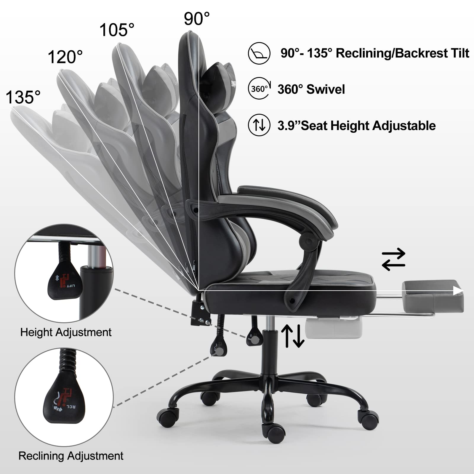 Darkecho Massage Gaming Chair with footrest,Computer Chair with Flat Seat Cushion,Height Adjustable Gamer Chair with Padded Armrests,Headrest and Lumbar Support for Office or Gaming Black/Grey