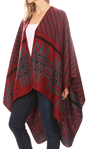 Sakkas 1928 - Lupe Womens Reversible Poncho Wrap Cape Shawl Sweater Coat Cardigan Pattern - Zigzag Burgundy - OS