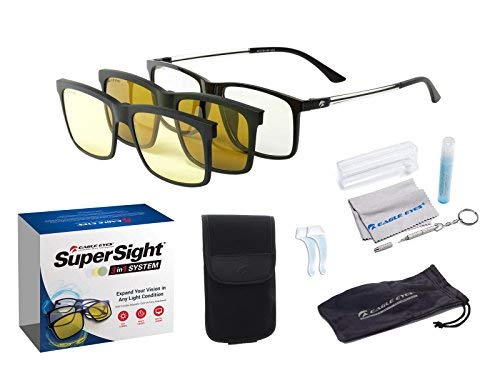 Eagle Eyes 3in1 Magnetic Polarized Sunglasses/Night Driving Clip-on With Computer Lens Base Frame - (Black/Clear)