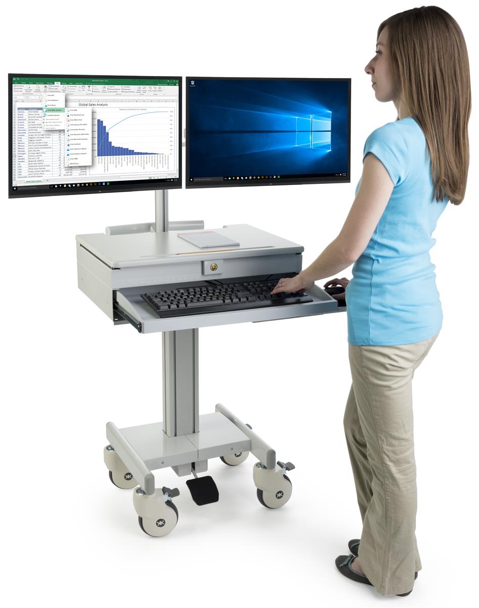 Displays2go Mobile Medical Cart with 2 Monitor Holders, Height Adjustable, Pullout Tray, Steel, Plastic, MDF – Gray (DWMDC2M)