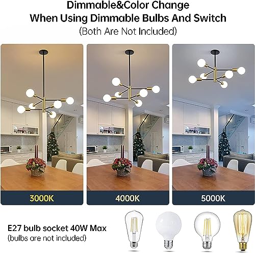MOUFIER Sputnik Chandelier Black and Gold Ceiling Light Height Adjustable E27 Modern Ceiling Lighting Fixture for Living Room Bedroom Dining Room Kitchen Office (6-Light)