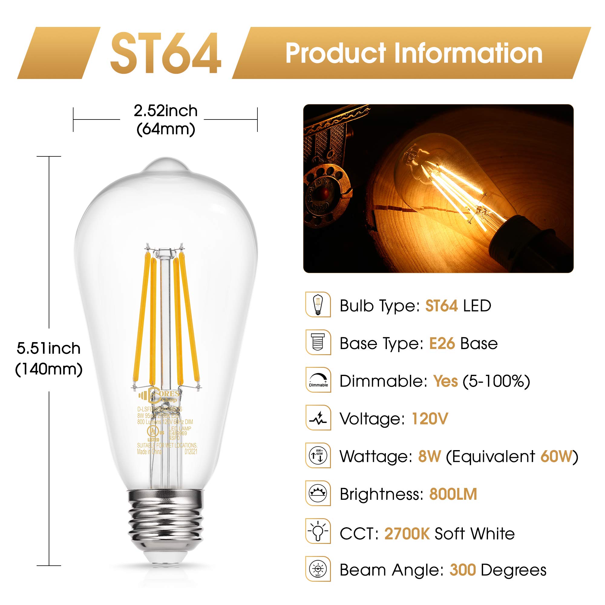 Edison Bulbs [4 Pack], DORESshop Edison Light Bulb, Incandescent Light Bulbs, ST64, E26 Bulb, Dimmable Lightbulbs with Amber Glass, Warm White 2700K Edison Bulb for Wall Sconces, Home Lighting Fixture