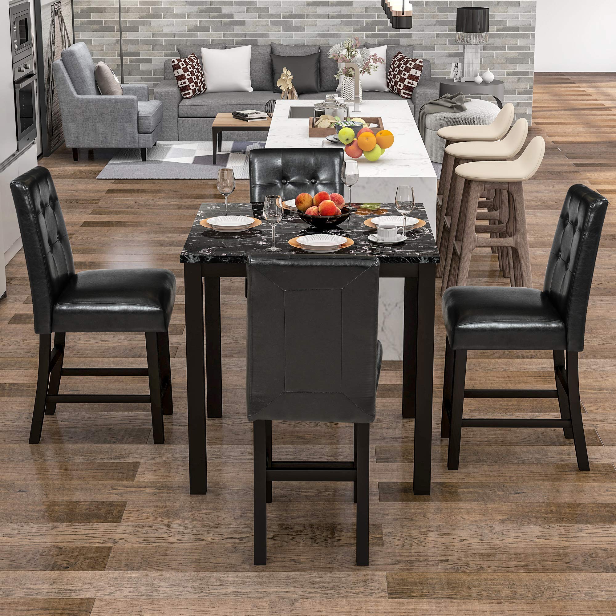 Dining Table Set for 4, Farmhouse 5-Piece Wood Extendable Dining Table Set with Drop Leaf and 4 Upholstered Dining Chairs, Dining Table and Chairs Set for Small Places, Gray+Cushion Beige
