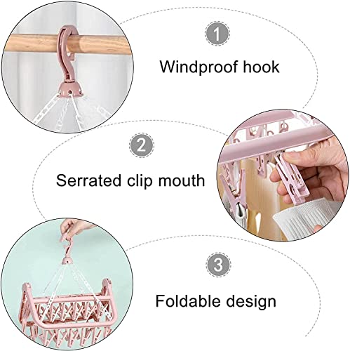 MENFENG Clothes Drying Hanger and Drip Foldable Hanging Sock Rack(32 Clips ) Multifunction Clothes Drying Rack,Rotary Wind-Sock Hanger for Washing line,for Socks, Underwear, Bras, Baby Clothes (Pink)
