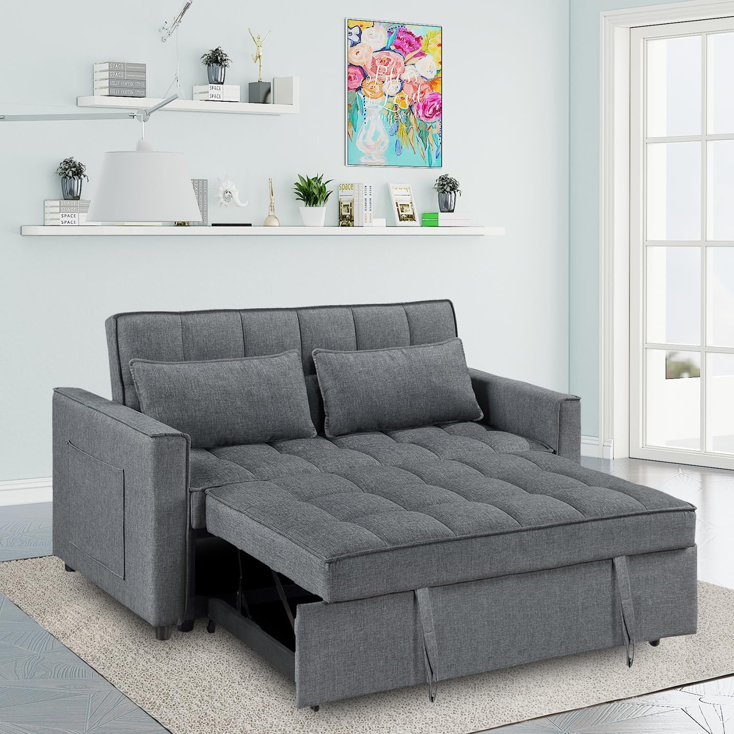 lagohezur 3-in-1 Convertible Loveseat Sofa Bed with Pull Out Bed and Storage Sectional Counch for Living Room, Apartment, Bedroom, Office, Grey
