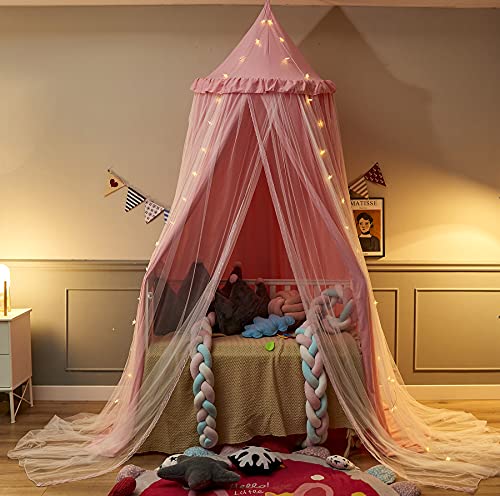 Mengersi Bed Canopy for Girls with Stars String Lights,Double Sheer Mesh Lightproof Canopy Bed Curtains Bed Netting-Extra Large for Twin Full Queen King Bed,Castle Play Tent Hanging House Décor