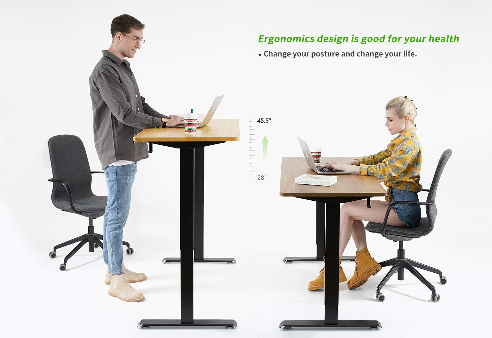 FAMISKY Dual Motor Adjustable Height Electric Standing Desk, 48 x 24 Inches Stand Up Home Office Desk with Splice Tabletop, Black Frame/Walnut Top