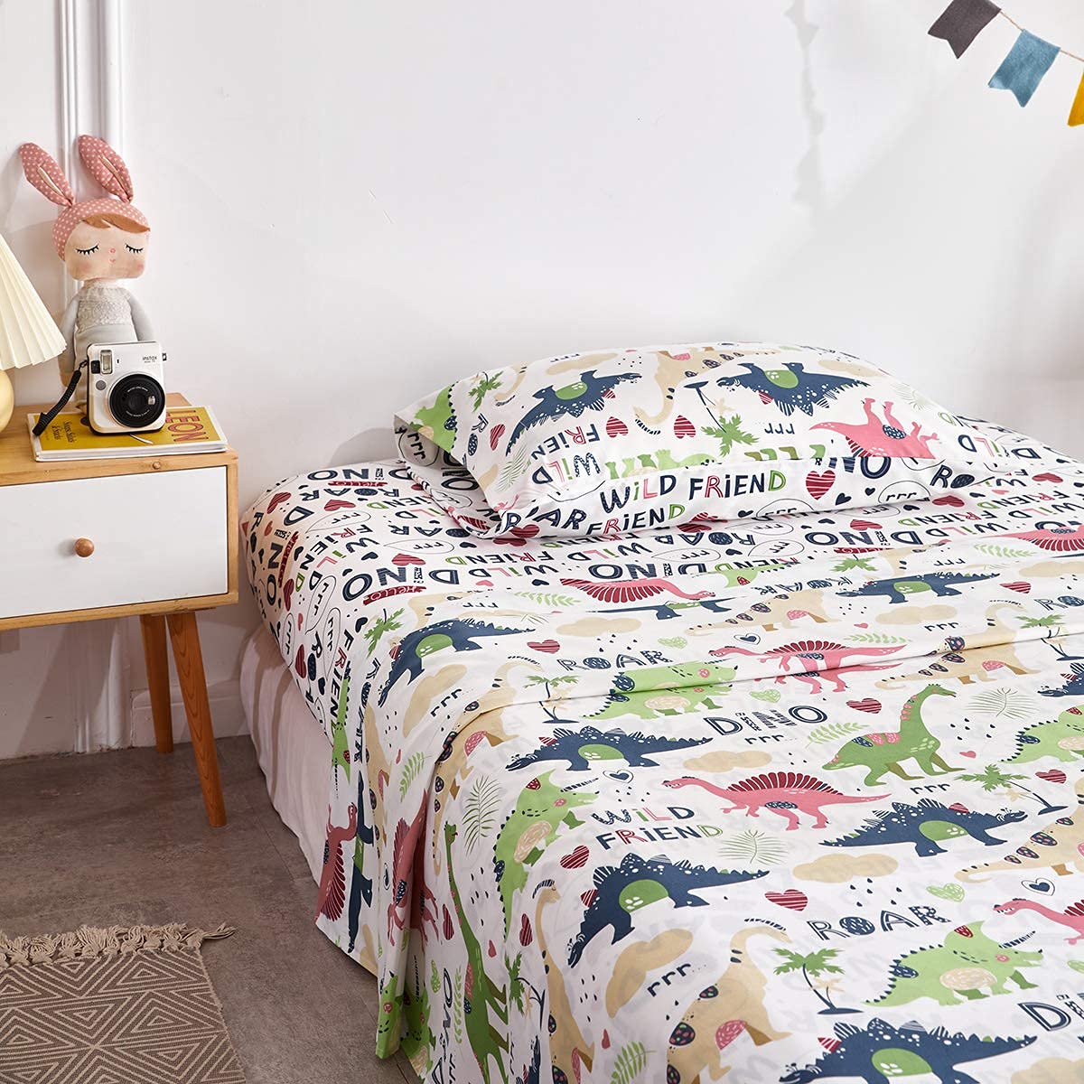Dinosaur Full/Queen Sheet Set for Kids Boys Teens Cute 4 Pieces White Microfiber Bedding Set with Green Red Yellow Blue Dinosaur Colorful Monster Style