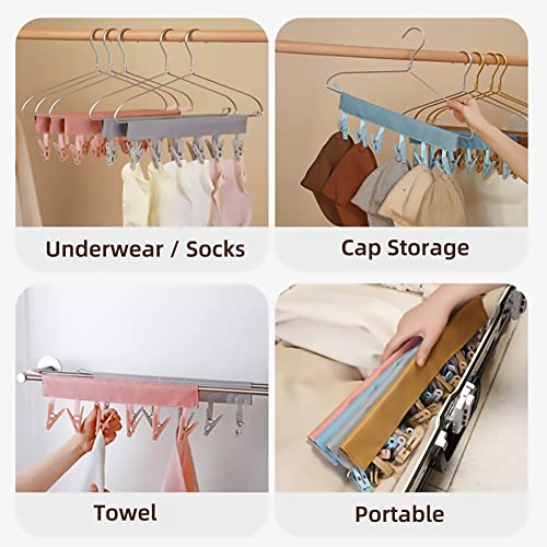 Pansyling 4PCS Foldable Travel Hanger Cloth Hanger Bathroom Towel Rack Clothespin Easy-to-Pack Laundry Clips Clothesline Portable Drying Hanger with 6 Clips for Socks Towels Underwear, Blue