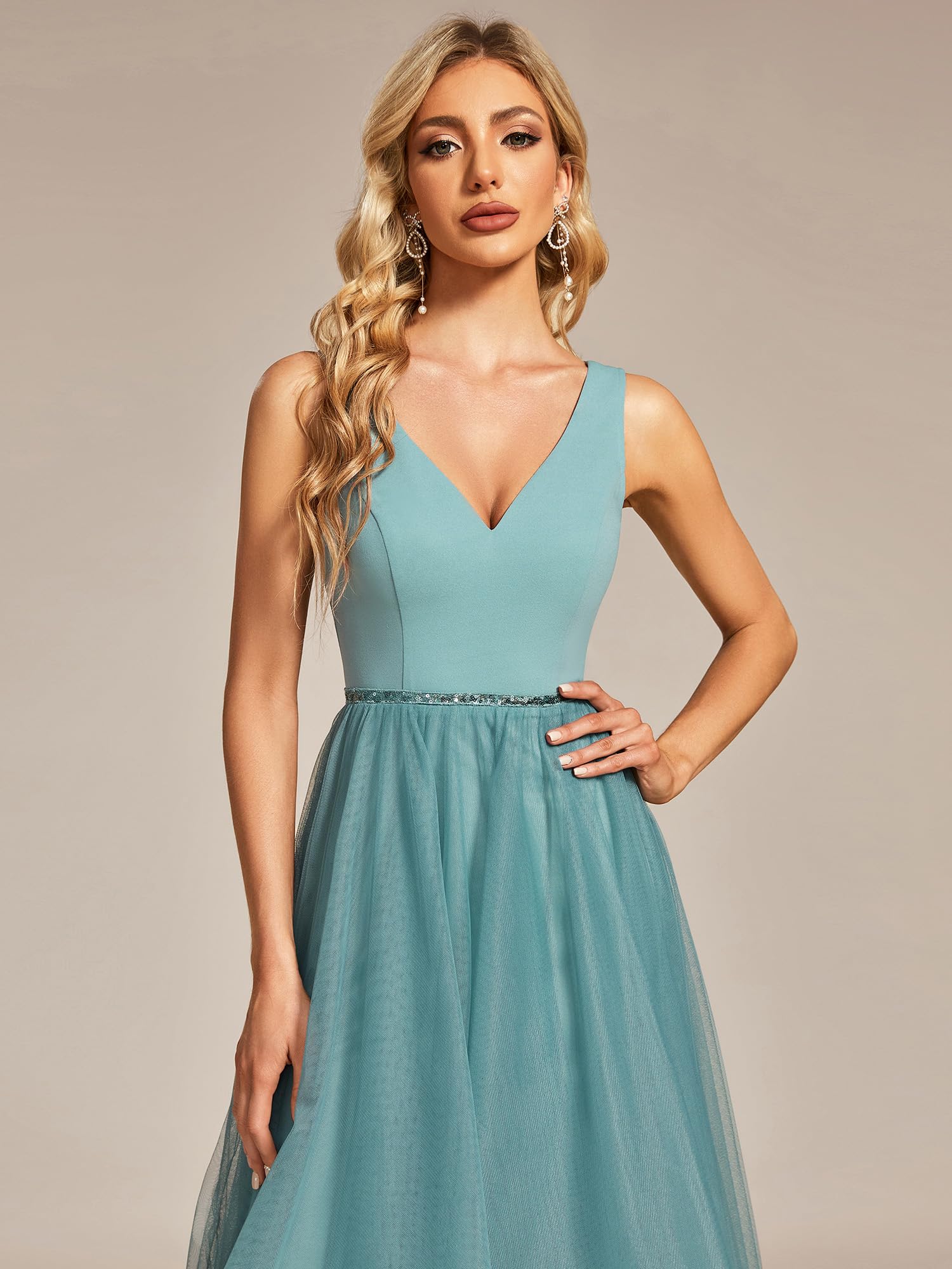 Ever-Pretty Women's Simple A-line Beads Tulle Deep V-Neck Homecoming Dress with Beaded Dusty Blue US8