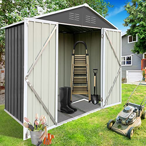 YOFE Outdoor Storage Sheds,6x4FT Outdoor Metal Storage Shed with Base Frame,Storage House with Air Vent,Lockable Door and Sloped Roof for Backyard Garden, Patio, Lawn (6x4, Grey)