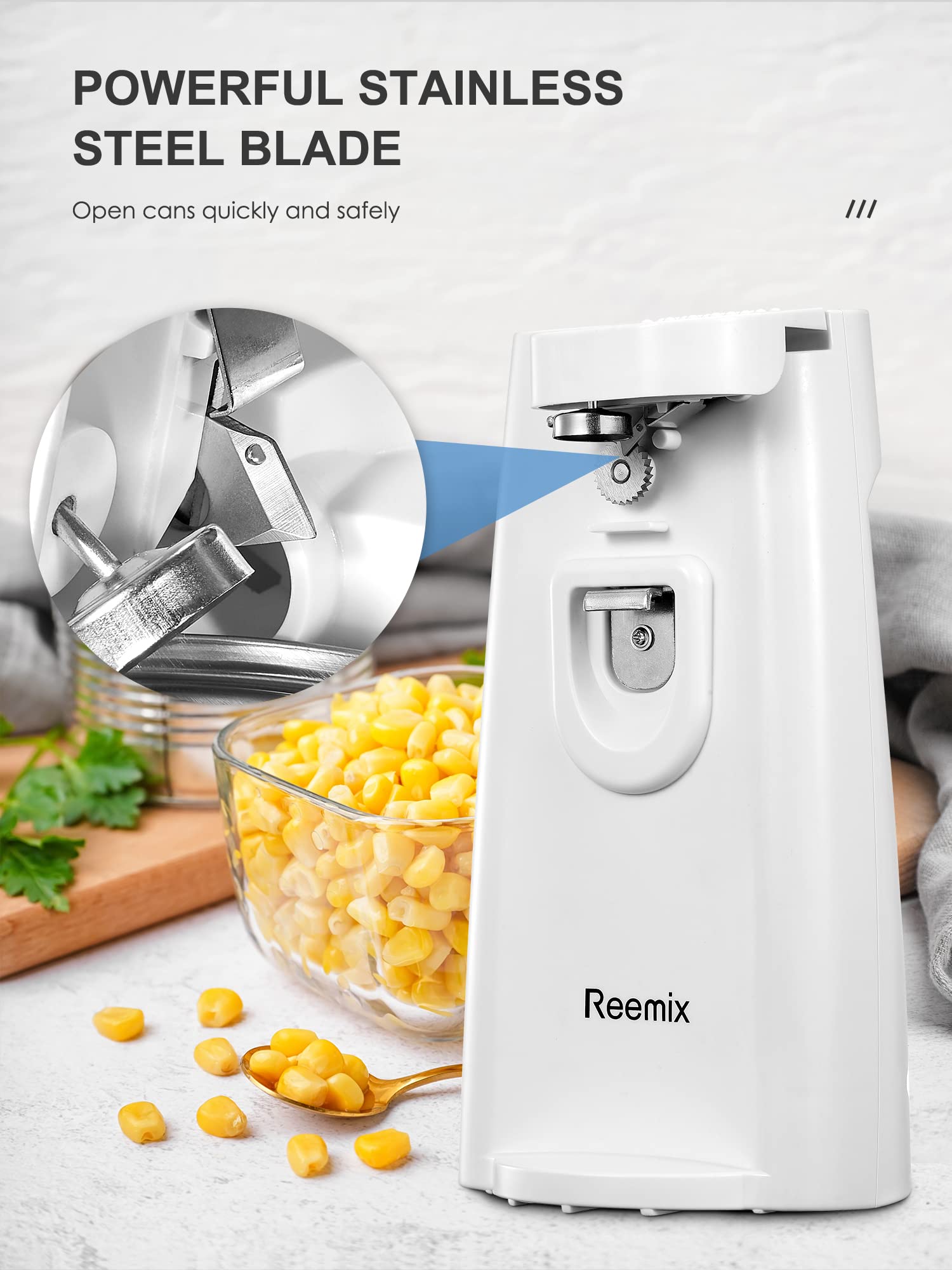 Electric Can Opener, Reemix Automatic Can Opener with Knife Sharpener and Bottle Opener 3 in 1, Easy Push Down Lever (White)