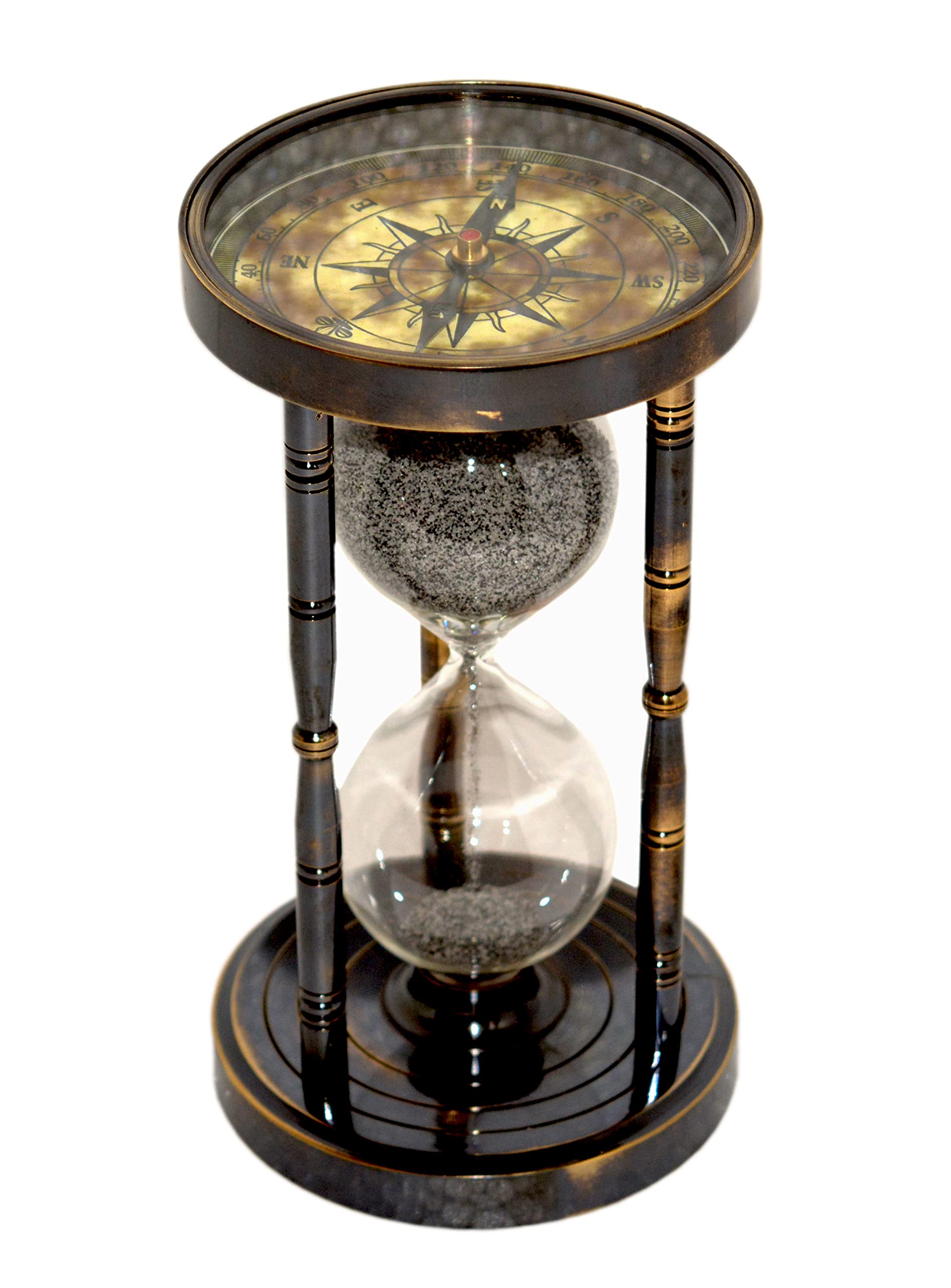 Hassanhandicrafts Antique Brass & Glass Black Sand Timer Hourglass Nautical Maritime SandTimer Compass on Both Side CompassCollectible, Shelf Desk Decor