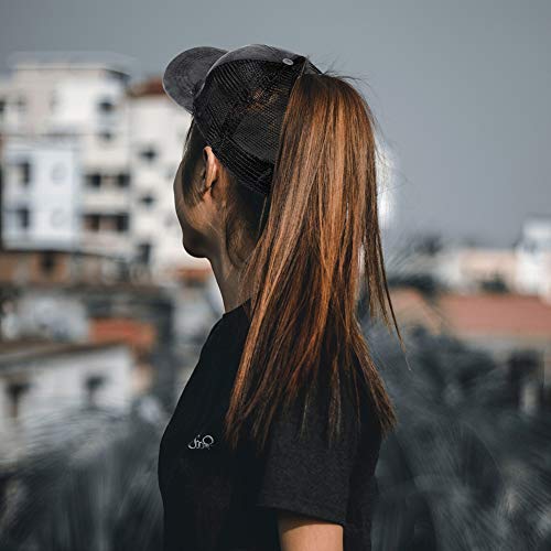 Didida 4 Pack Criss Cross Ponytail Hat Washed Distressed Women Mesh Baseball Caps Messy Bun Ponycaps, black&grey&cyan&coral