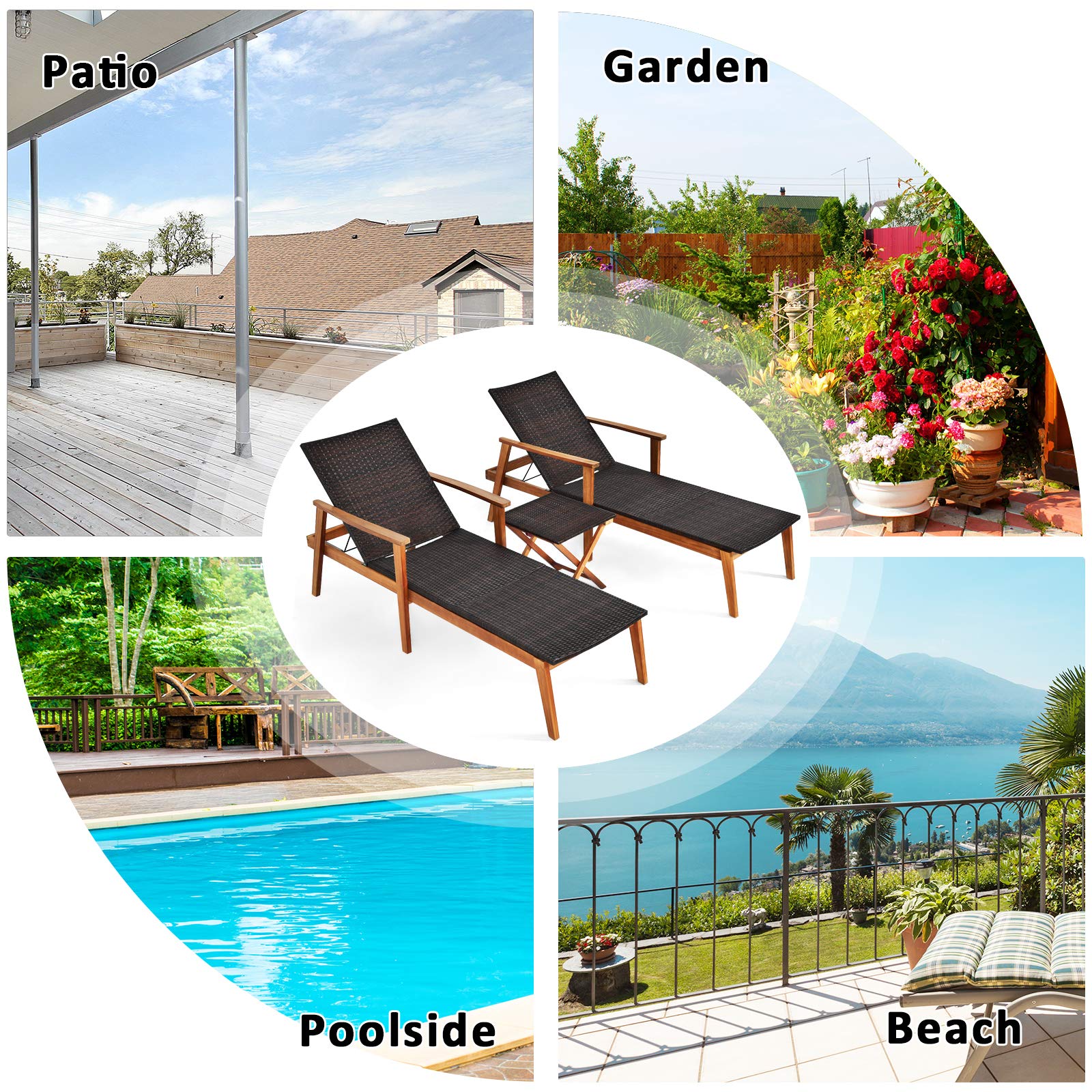 Tangkula 3 Pieces Outdoor Chaise Set, Wicker Rattan Lounge Chair w/Acacia Wood Frame, 4 Adjustable Positions Patio Wicker Lounge Set & Foldable Side Table, Suitable for Lawn, Backyard (Mix Brown)