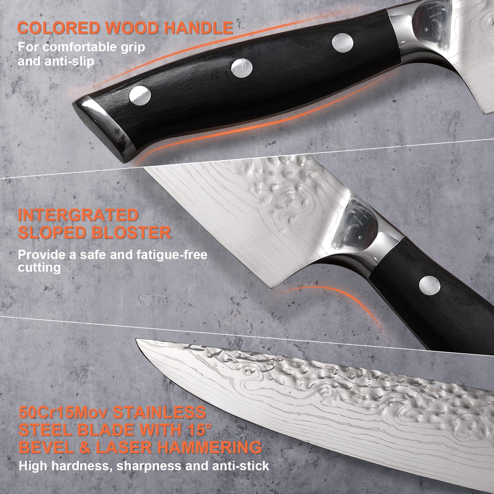 ETITATO Chef Knife Knife Sharpeners, Kitchen Kit 8 Inches Non-Stick Stainless Steel Ultra Sharp Kitchen Knives for Home Kitchen, Professional 5-in-1 Sharpening stone with 3 Slots for Knives Scissors