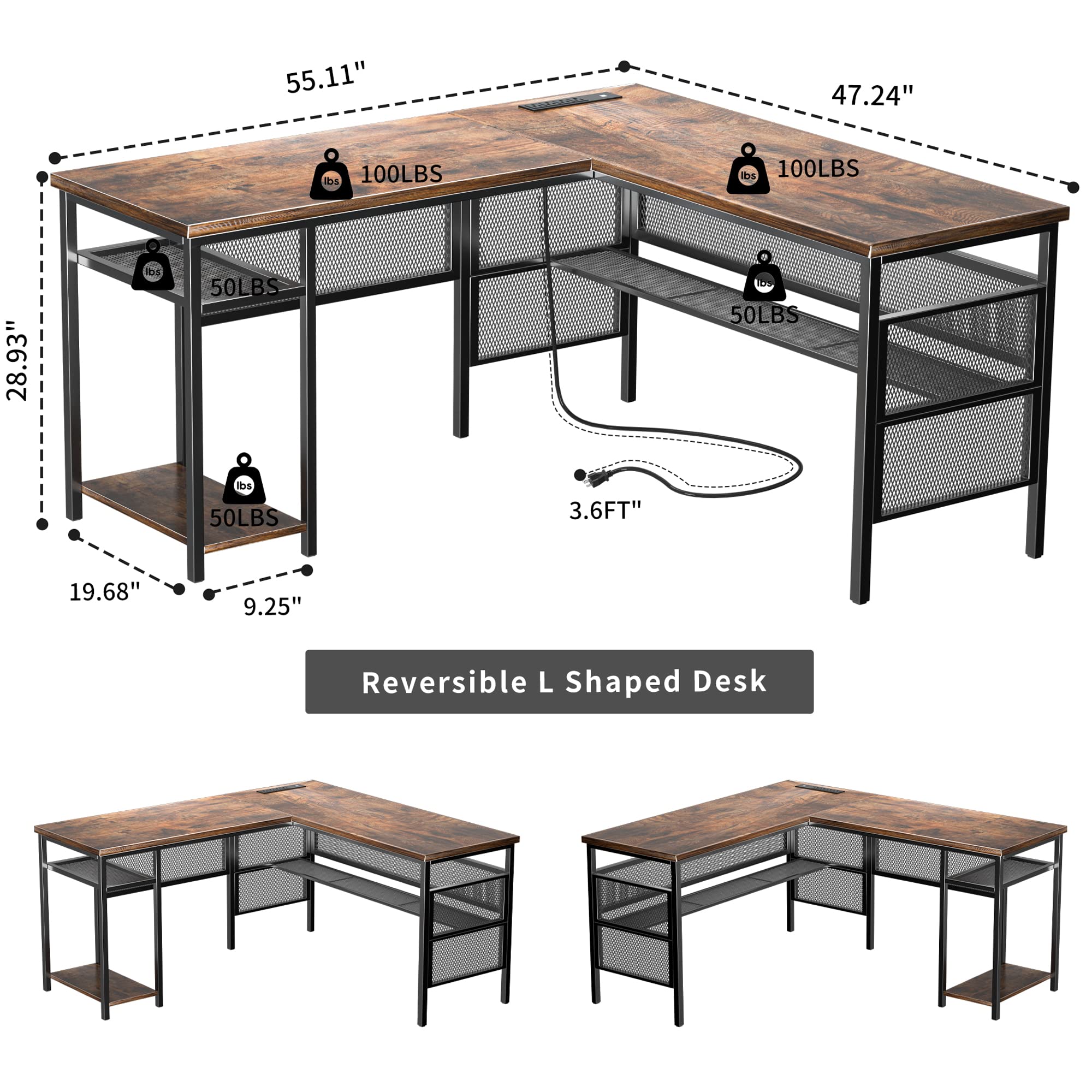 COZY EAGLE L Shaped Home Office Desk with Power Outlet, Computer Desk, Corner Computer Desk with Storage and Drawers, L Shaped Gaming Desk, Corner Desk with Drawers for Small Space, Rustic Brown