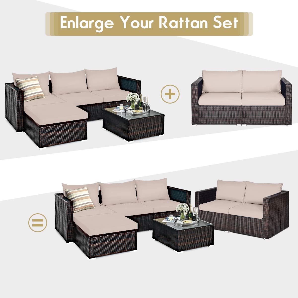 Tangkula 4 PCS Outdoor Wicker Corner Sofa Set, Patio Rattan Loveseat w/Removable Cushions, Sectional Sofa Set Additional Seats for Balcony Patio Garden Poolside (Brown)