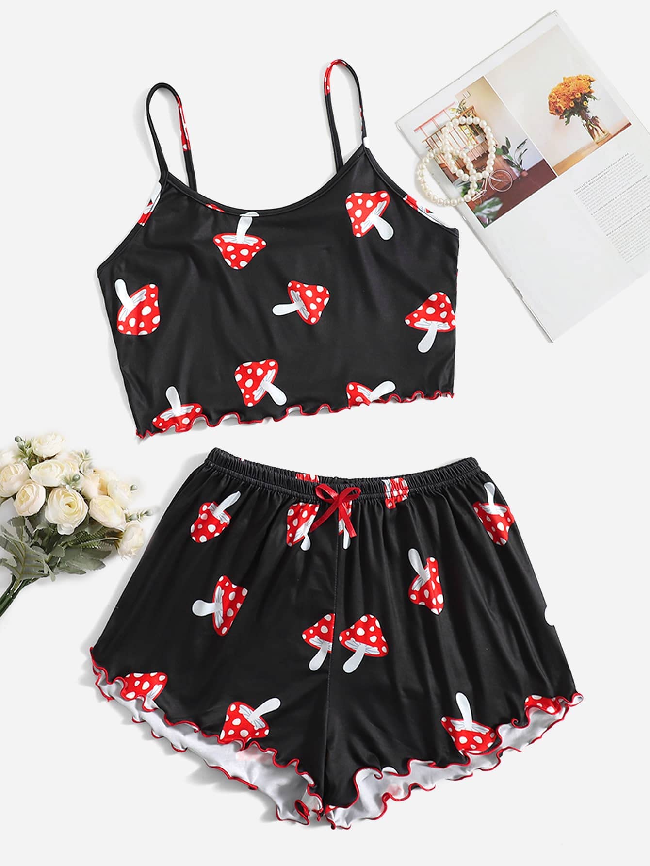 COZYEASE Women's 2 Piece Pajama Set Cartoon Print Lettuce Trim Cami Top and Shorts Cute Sleepwear Black M