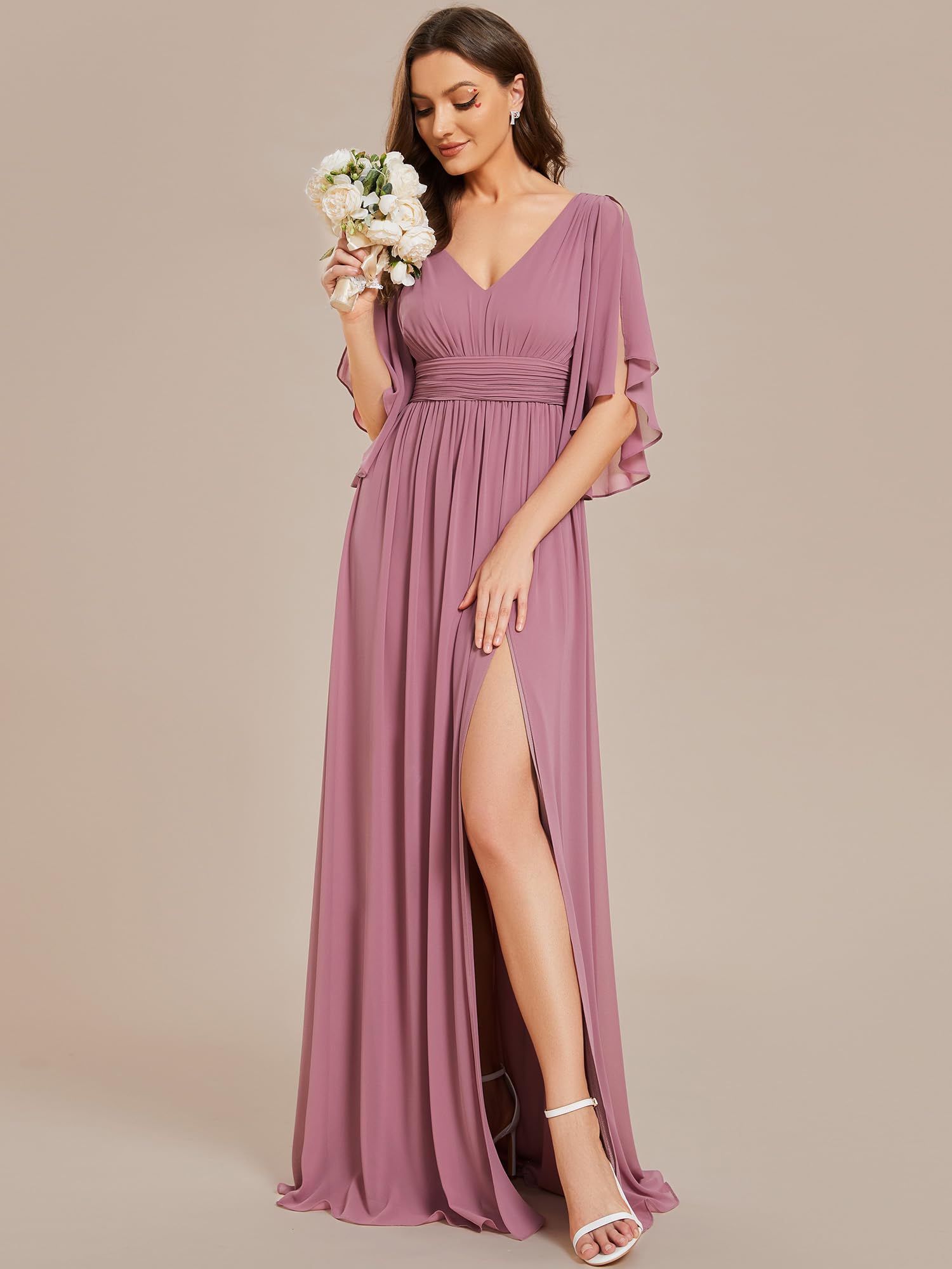 Ever-Pretty Women's V Neck A Line Split Half Sleeves Floor Length Chiffon Ball Gowns Orchid US16