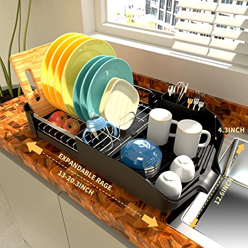 Dish Drying Rack, Expandable Dish Rack for Kitchen Counter(14'' to 20") Auto-Drain Stainless Steel Cutlery Rack and Utensil Holder, Kitchen Dish Drainer Rack - Black