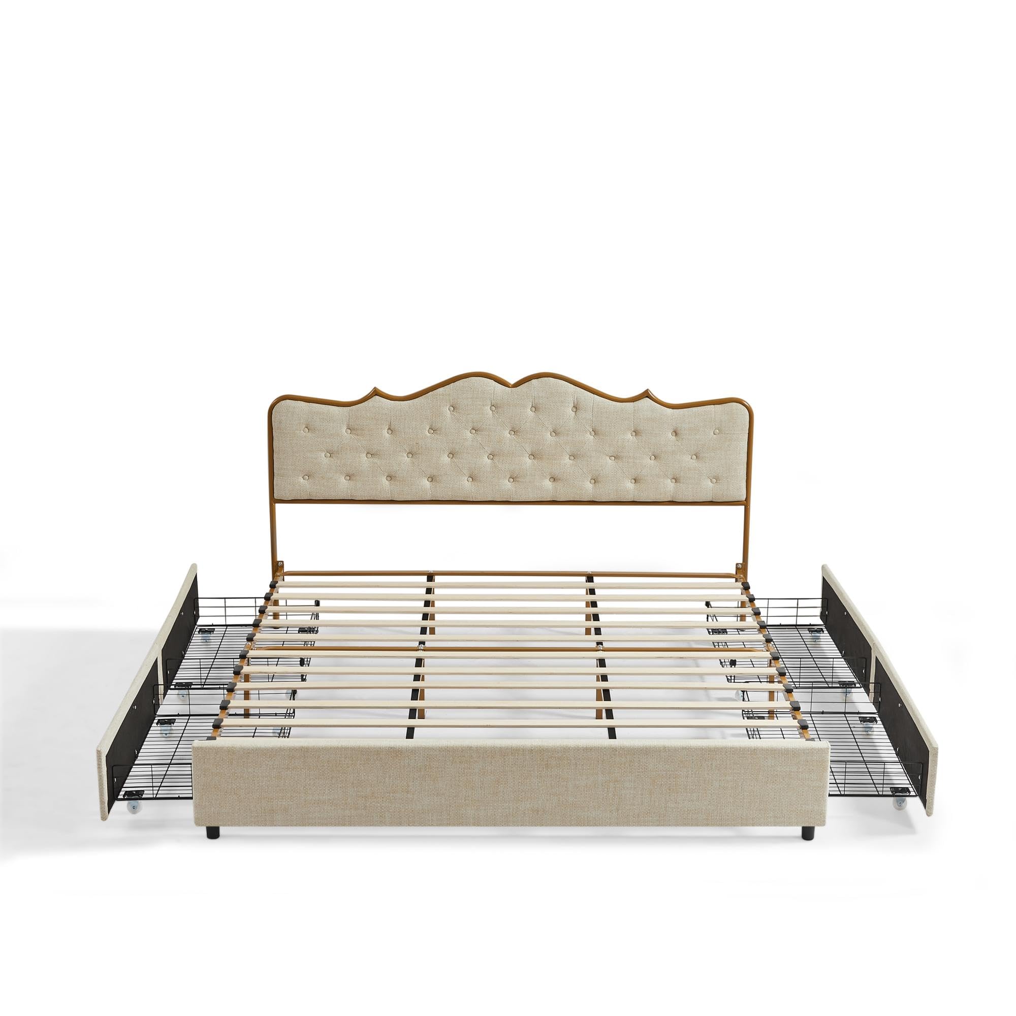 Dolonm King Size Classic Buckle Backrest Platform Bed Frame with Four Storage Drawers Metal Frames Bed Foundation with Wooden Slats Support, Beige + Yellow Leather Sponge Soft Bag Beds