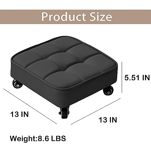 CRENEWY Low Rolling Stool with Wheels,360 Degree Rotating,PU Low Height Rolling Seat Wheel Stool Chair,Square Seat Stool for Home Office Fitness Garage Shop(Grey)