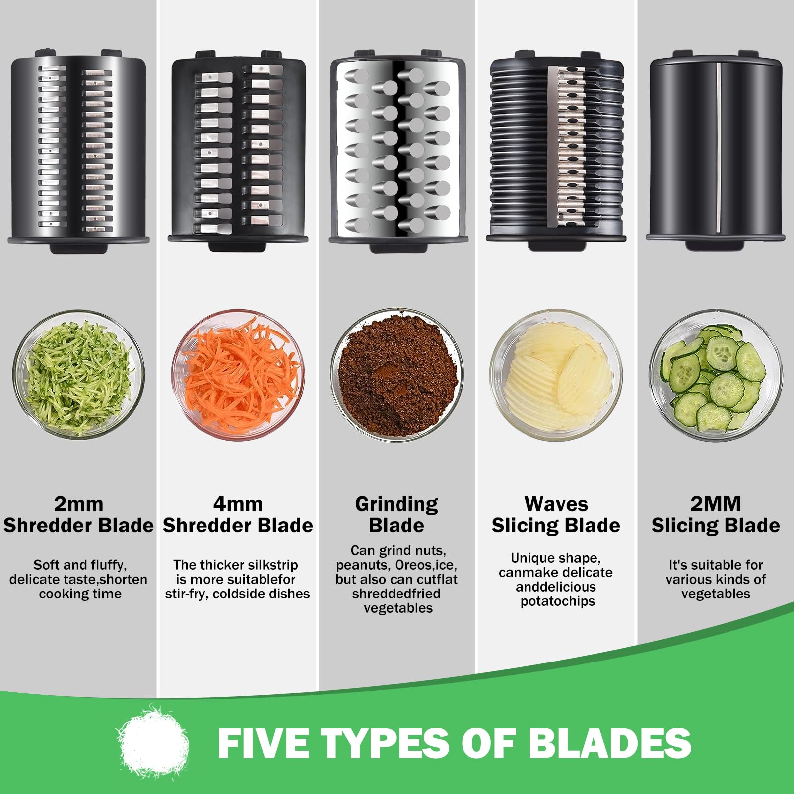 Electric Cheese Grater Vegetable Slicer 250W Professional Electric Food Vegetable Grater Shredder Nuts Grinder Salad Maker Machine Mandoline Slicer for Kitchen with 5 Interchangeable Blades