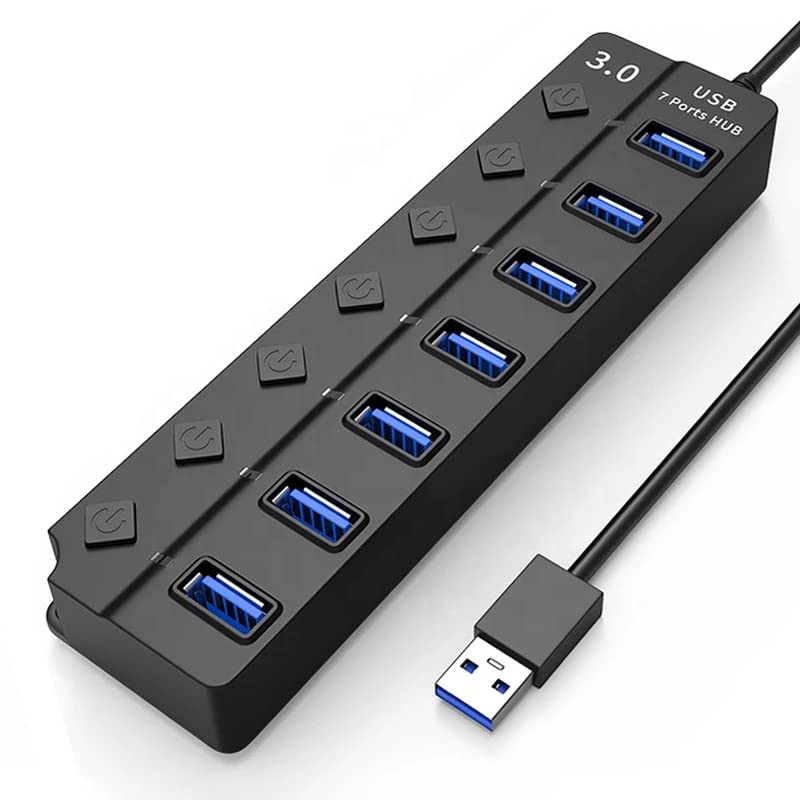 Hub USB 3.0. Concentrador de datos USB de 7 puertos con interruptores y Luces individuales de encendido/apagado. Regleta USB Compatible con computadora de escritorio y portátil, tableta, etc.