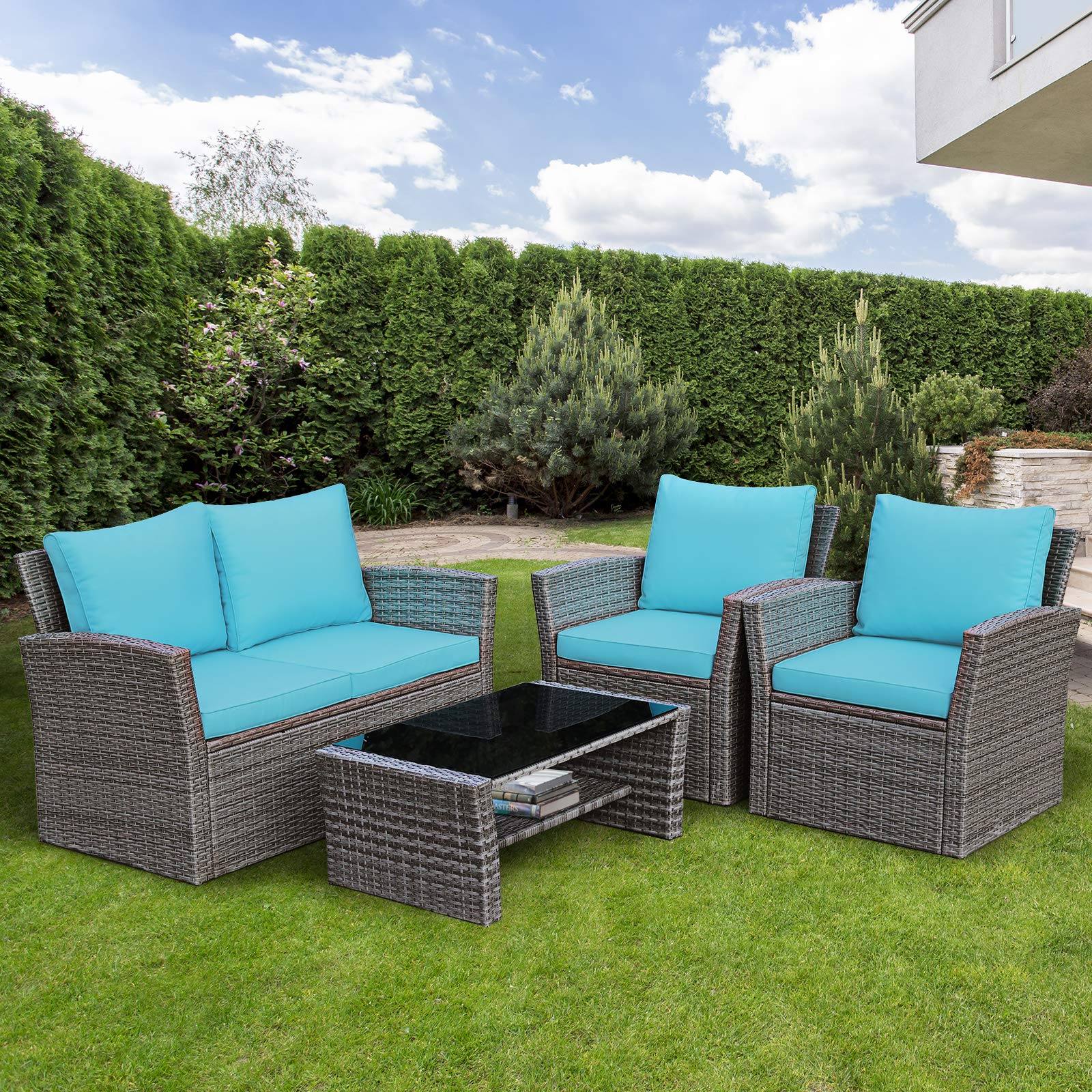 Tangkula 4 Pieces Patio Furniture Set, All Weather Outdoor Sectional Rattan Sofa Set with Cushions & Tempered Glass Table, Wicker Conversation Couch Set for Backyard Garden Poolside (Turquoise)