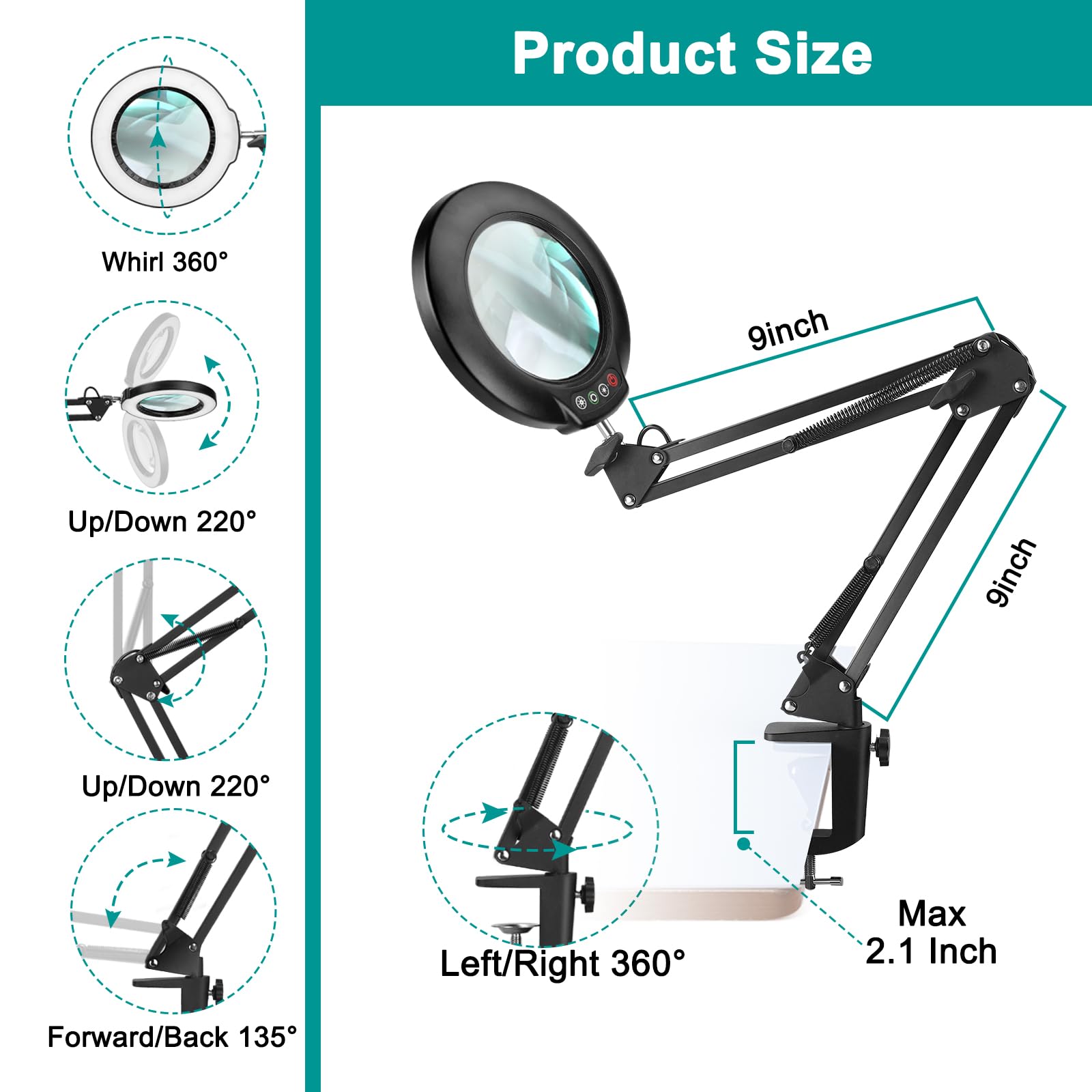 Drdefi 10X Magnifying Glass with Light and Clamp,Adjustable Swing Arm LED Lighted Desk Lamp, 5 Color Modes Stepless Dimmable Hands Free Magnifier Lamp for Craft Hobby Close Works Painting Reading