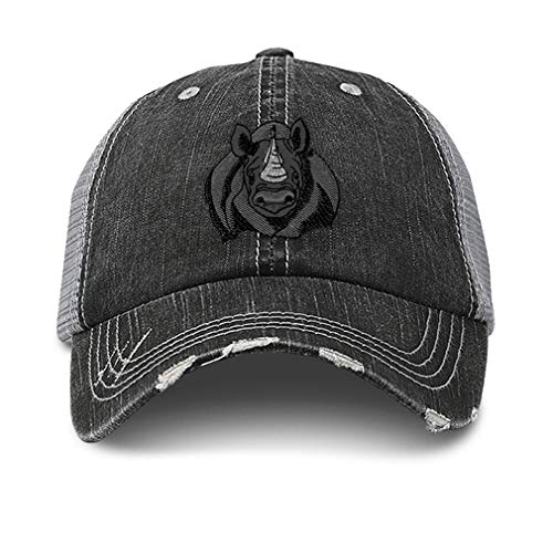 Distressed Trucker Hat Animal Wildlife Rhinoceros Black Rhino Cotton for Men & Women Strap Closure Gray Design Only