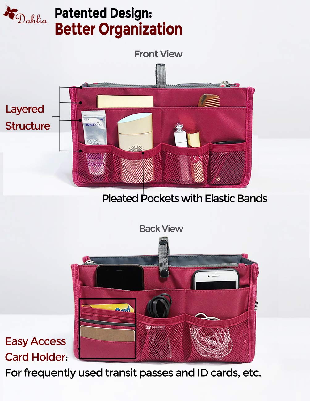 Dahlia Patented Handbag Purse Organizer Insert - STURDY Flexible, Black