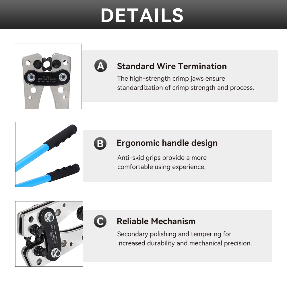 HKS Battery Cable Lug Crimping Tool 10-1 AWG with 60Pcs Copper Ring Terminals 8 Sizes Cable Lugs Set, Heavy Duty Wire Crimper