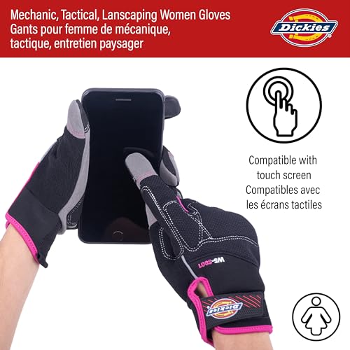 Dickies Heavy Duty Synthetic Leather Work Gloves Women, Touchscreen Compatible | Mechanic, Gardening Gloves, Black/Pink, Small
