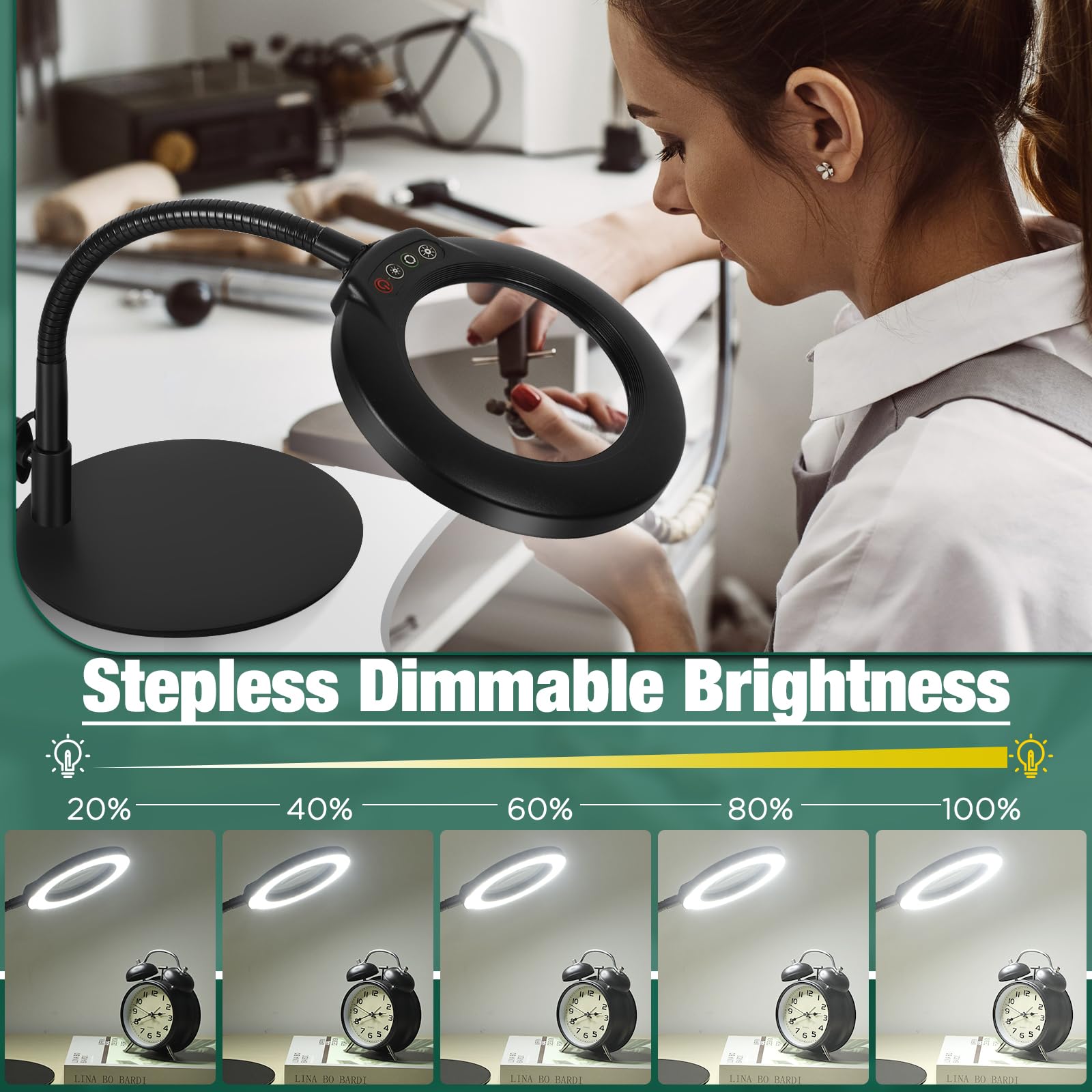 Drdefi 8X Magnifying Glass with Light and Stand, 5 Color Modes Stepless Dimmable Flexible Gooseneck Magnifying Desk Lamp, LED Lighted Magnifier Hands Free for Craft Reading Painting Close Work Hobby