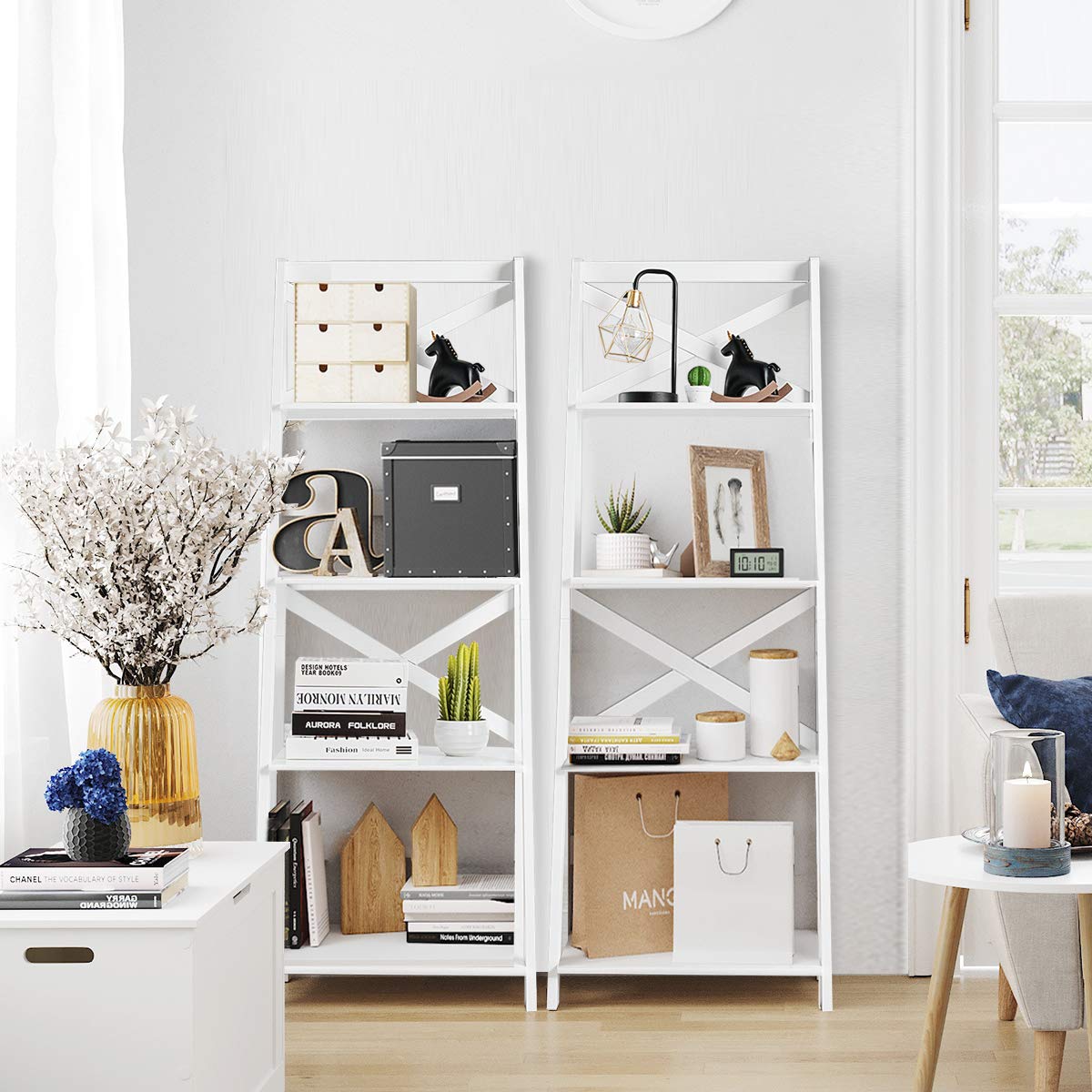 Tangkula 4-Tier Ladder Shelf Bookcase Leaning Free Standing Wooden Frame Decor Bookshelf Storage Flower Shelf Plant Display Shelf for Home Office (White, 1)