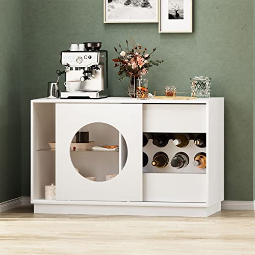 Waktavel Wine Bar Cabinet for Alcohol and Glasses, Buffet Cabinet with Storage,Alcohol Cabinet Small Liquor Cabinet Drawers, Sideboard Buffet Pantry Cabinet for Dining Room, White