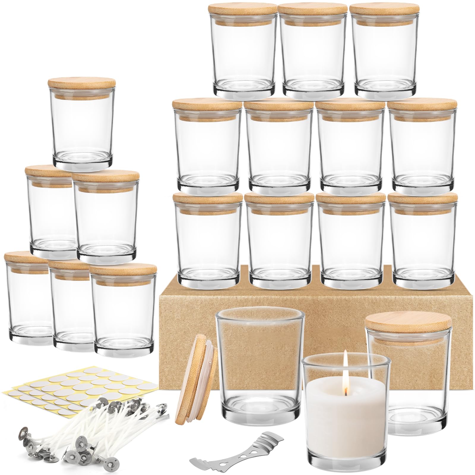 Daofary 20 Pack 6 OZ Candle Jars for Making Candles, Glass Candle Jars with Lid, Clear Empty Candle Jars with Candle Wicks, Wicks Stickers and Metal Centering Devices for Adults